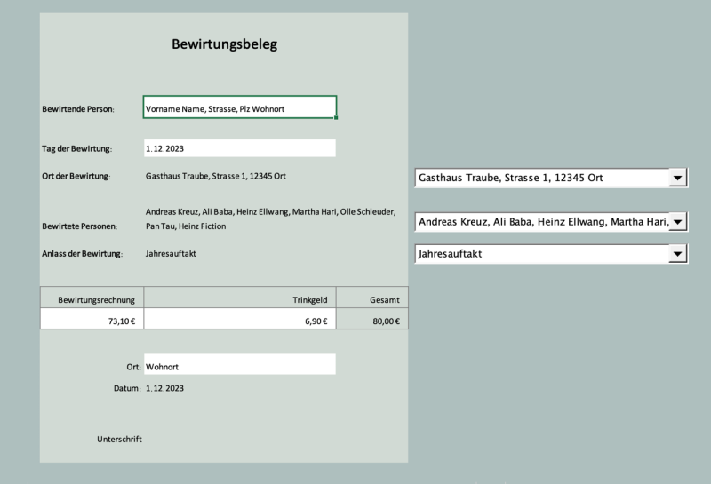 Bewirtungsbeleg mit hinterlegbaren Listen für Lokale, Personen und Anlässe - Excel-Vorlage